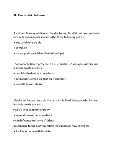 Aki Kaurismäki : Le Havre : revision notes A Level French: mock exam ...