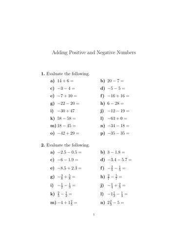 Adding Positive and Negative Numbers Worksheet (with solutions ...