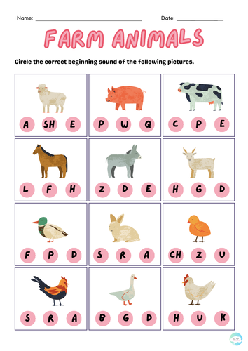 Farm animals - Beginning sounds worksheet | Teaching Resources