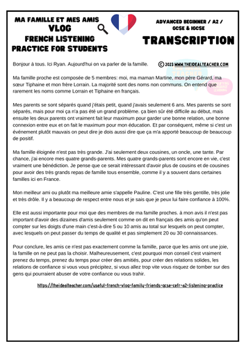 Family & Friends GCSE French Listening Practice | Teaching Resources