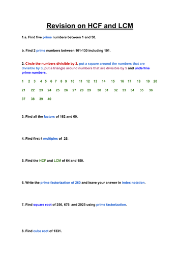 A quick review of HCF and LCM -colourful- year 6,7 | Teaching Resources
