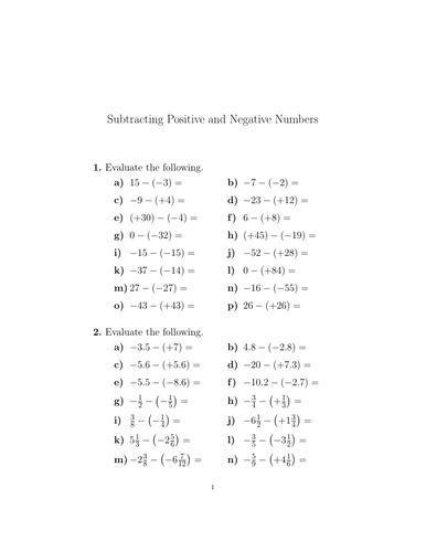 Subtracting Positive and Negative Numbers Worksheet (with solutions ...