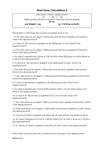 Work Done Calculations | Teaching Resources
