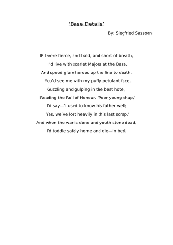 'Base Details' by Seigfried Sassoon | Teaching Resources