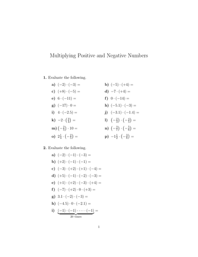 Multiplying Positive and Negative Numbers Worksheet (with solutions ...