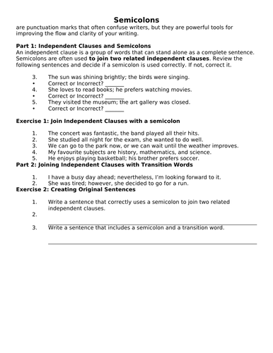 semicolon worksheet | Teaching Resources