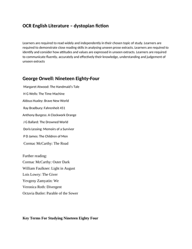 Dystopian Literature Teaching Resource Nineteen Eighty-Four OCR board ...