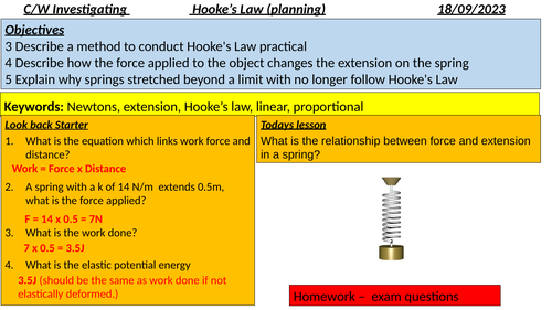 Investigating Hooke's law (PLANNING) GCSE PHYSICS | Teaching Resources