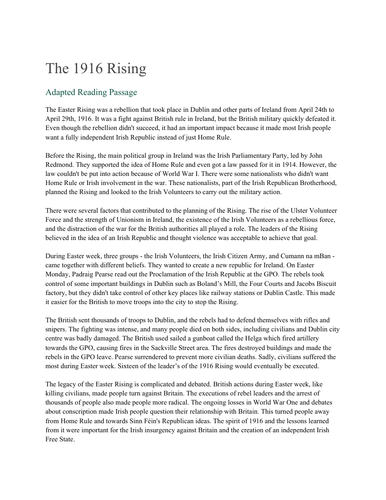 Junior Cycle History: 1916 Rising differentiated worksheet | Teaching ...