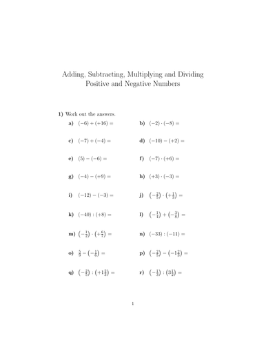 Adding, Subtracting, Multiplying and Dividing Positive and Negative ...