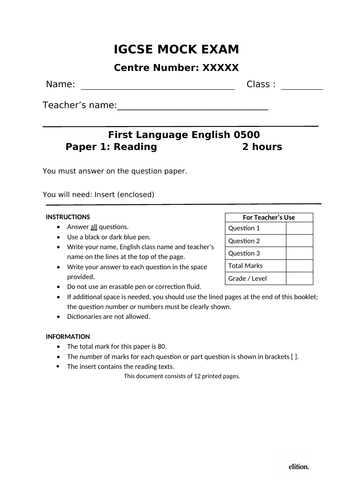 CIE 0500 IGCSE English Language Paper 1 Mock Exam 'Actors' With Mark ...