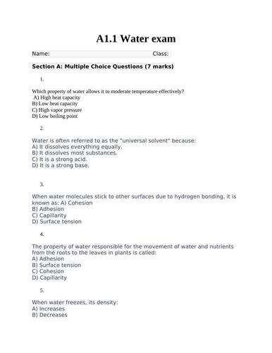 IB Biology: A1.1 water and A1.2 nucleic acid end of unit exams (first ...