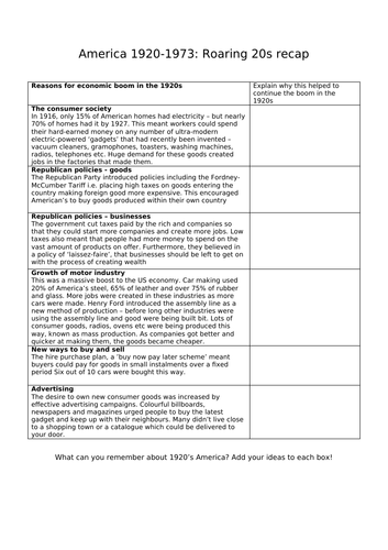 AQA 8145 - America part 1: 1920-29 workbook | Teaching Resources