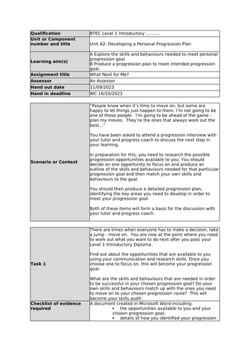 A2 Developing a Personal Progression Plan (Level 1) - Full Unit ...