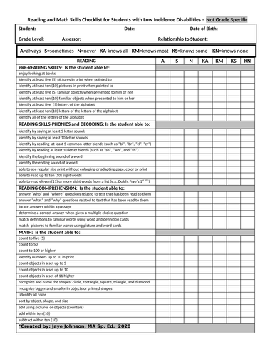 Assessment Checklist Bundle for Students With Low Incidence ...