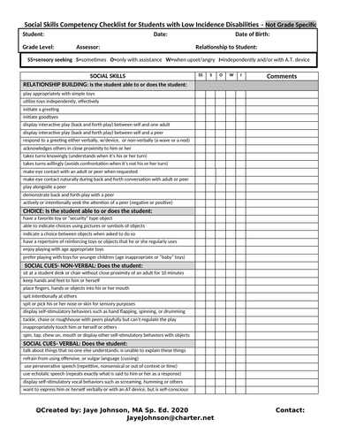 Assessment Checklist Bundle for Students With Low Incidence ...
