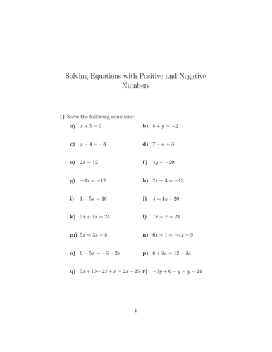 Solving Equations with Positive and Negative Numbers Worksheet (with ...
