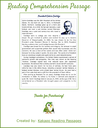 President Calvin Coolidge Reading Comprehension and Word Search ...