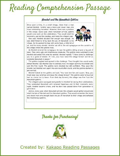 Hershel and the Hanukkah Goblins Reading Comprehension and Word Search ...