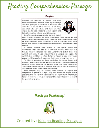 Vampires Reading Comprehension and Word Search | Teaching Resources