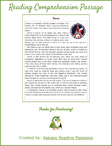 France Reading Comprehension and Word Search | Teaching Resources