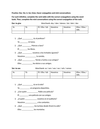 Practice: Dar, Ver, Ir, Ser, Estar, Hacer conjugation and mini ...