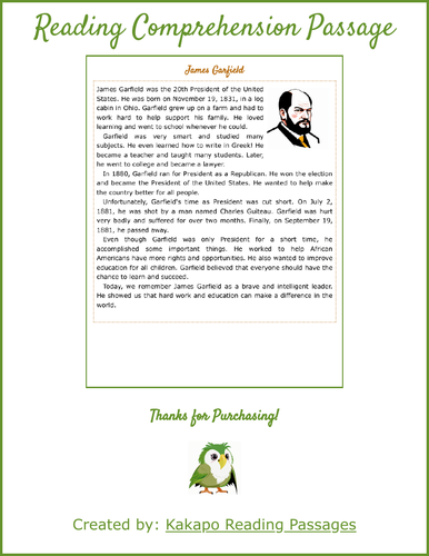 James Garfield Reading Comprehension and Word Search | Teaching Resources