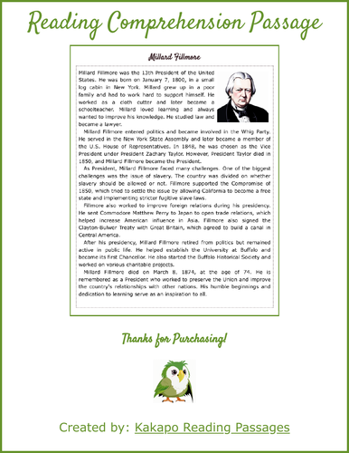 Millard Fillmore Reading Comprehension and Word Search | Teaching Resources