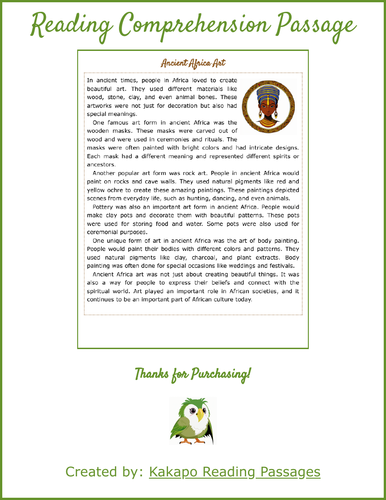 Ancient Africa Art Reading Comprehension and Word Search | Teaching ...