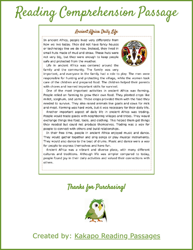 Ancient Africa Daily Life Reading Comprehension and Word Search ...