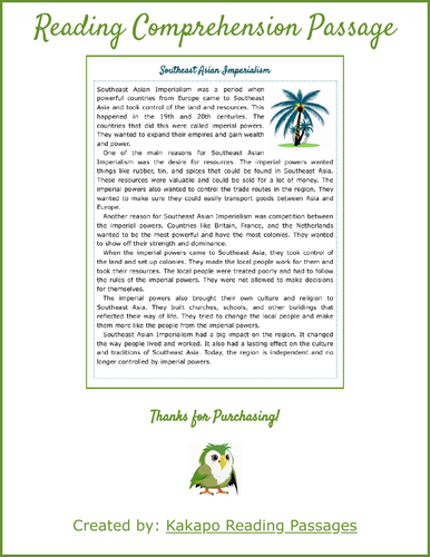 Southeast Asian Imperialism Reading Comprehension and Word Search ...