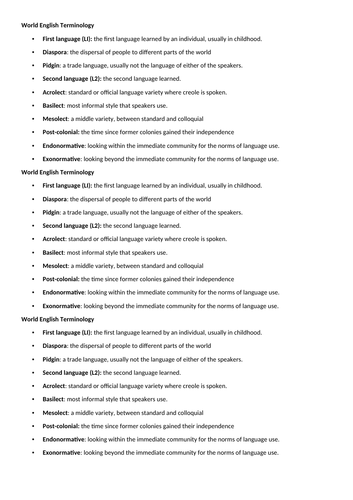 A Level English Language World Englishes SOW | Teaching Resources