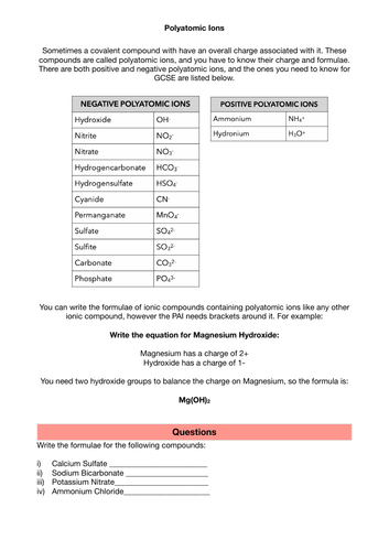 Common Polyatomic ions worksheet - short | Teaching Resources