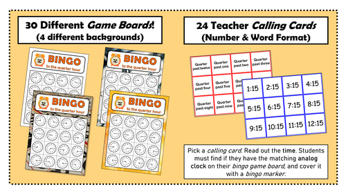 Telling Time to the Quarter Hour BINGO GAME | Just Print, Cut & Play ...