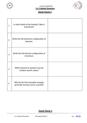 Electron Configuration and Ionisation Energies Quick Checks | Teaching ...