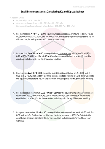 A/AS Level Equilibrium Kc and Kp calculation worksheet | Teaching Resources