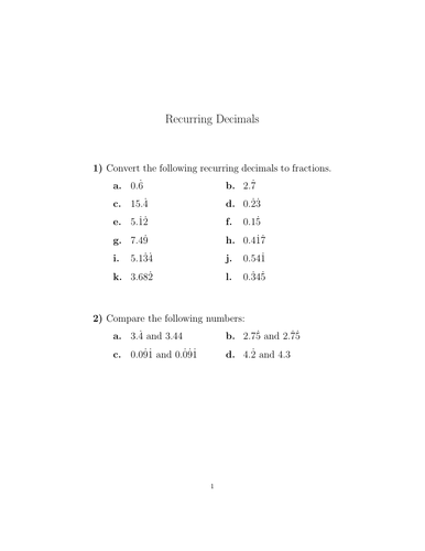 Recurring Decimals Worksheet No 2 (with solutions) | Teaching Resources