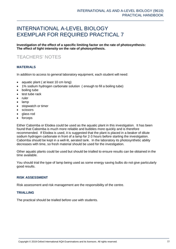 Measuring Photosynthesis (Required Practical 7) - Oxford AQA A Level Biology | Teaching Resources