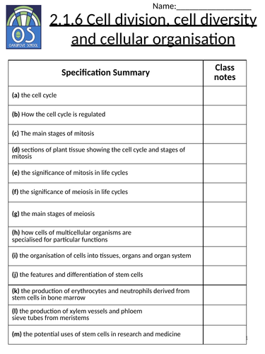 OCR biology A level 2.1.6 Cell division, diversity and cellular ...