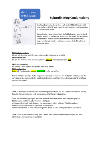 German Subordinating Conjunctions Help Sheet | Teaching Resources