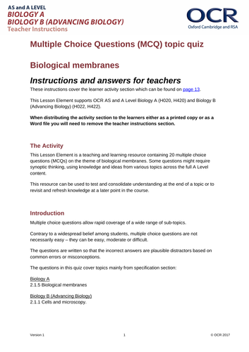 OCR A level biology: Module 2, Cell Membranes -ENTIRE SOW INCLUDING ...