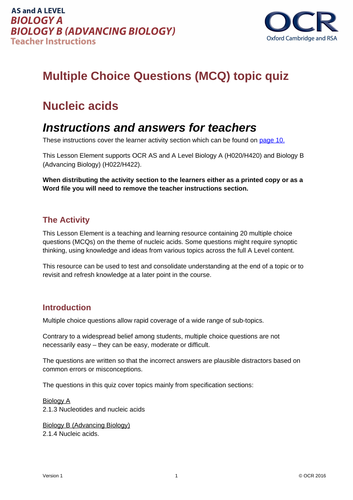 OCR A level biology: Module 2, Nucleic acids -ENTIRE SOW INCLUDING ...