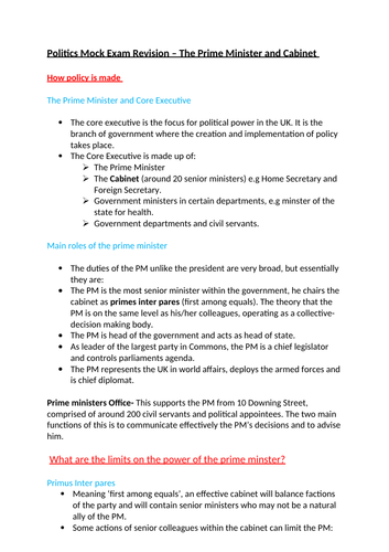 Prime Minister : A-Level Politics Note sheets | Teaching Resources
