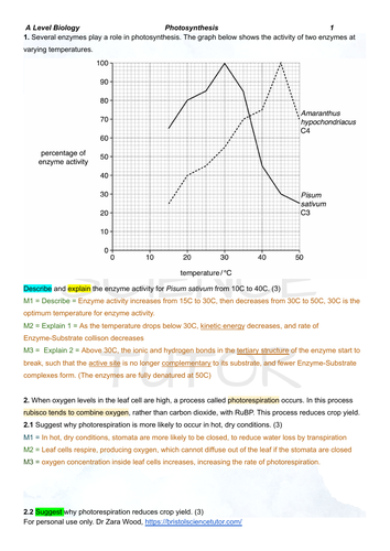 Photosynthesis Questions and Mark Scheme - A Level Biology | Teaching ...