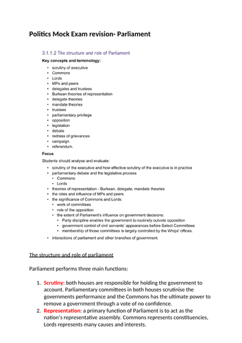 UK Parliament : A-Level Politics Revision note sheets | Teaching Resources