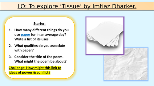 'Tissue', by Imtiaz Dharker Lesson- AQA (Power & Conflict) | Teaching ...