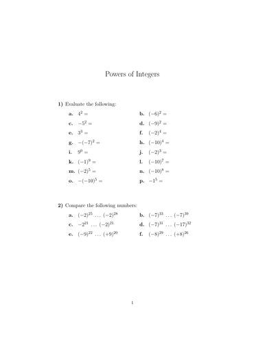Powers of Integers Worksheet (with solutions) | Teaching Resources