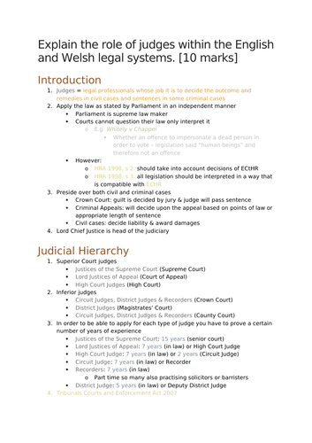 A-Level Law: Judiciary Essay + Model + Plan - Eduqas 10 Marker (ELS ...