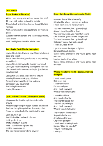 Poetry - Figurative Language and Song Lyrics Activity | Teaching Resources