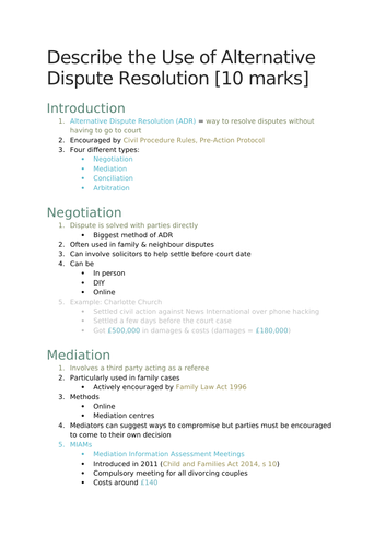 A-Level Law: ADR 10 Mark Essay Question + Model + Plan - Eduqas Alternative Dispute Resolution ...